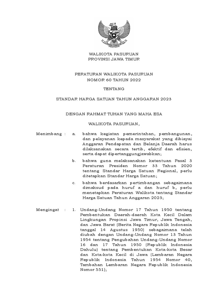 Perwa 60 2022. Standar Harga Satuan Tahun 2023 | PDF
