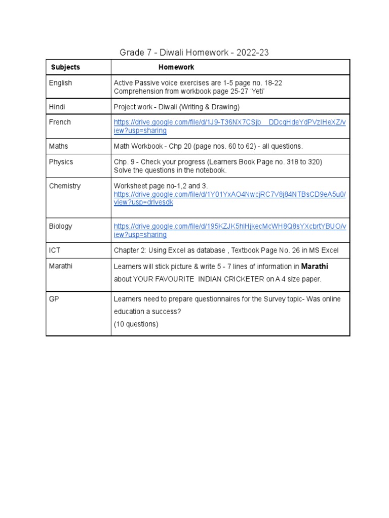 Grade 7 Diwali Homework Assignments | PDF | Art