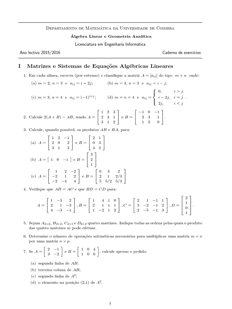 Exercícios de Álgebra Linear e Matrizes | PDF | Analise matemática ...