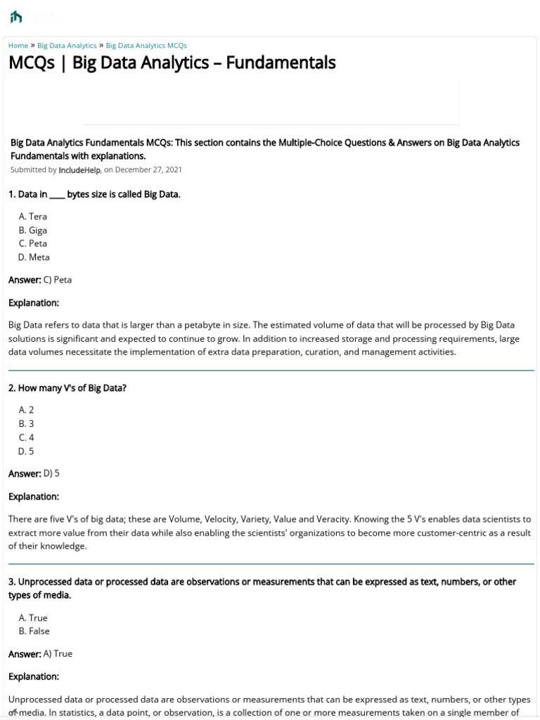 MCQs - Big Data Analytics - Fundamentals | PDF | Databases | Cloud Computing