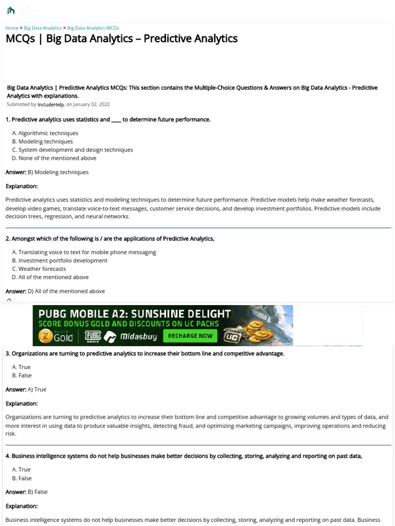MCQs - Big Data Analytics - Predictive Analytics | PDF | Predictive Analytics | Analytics