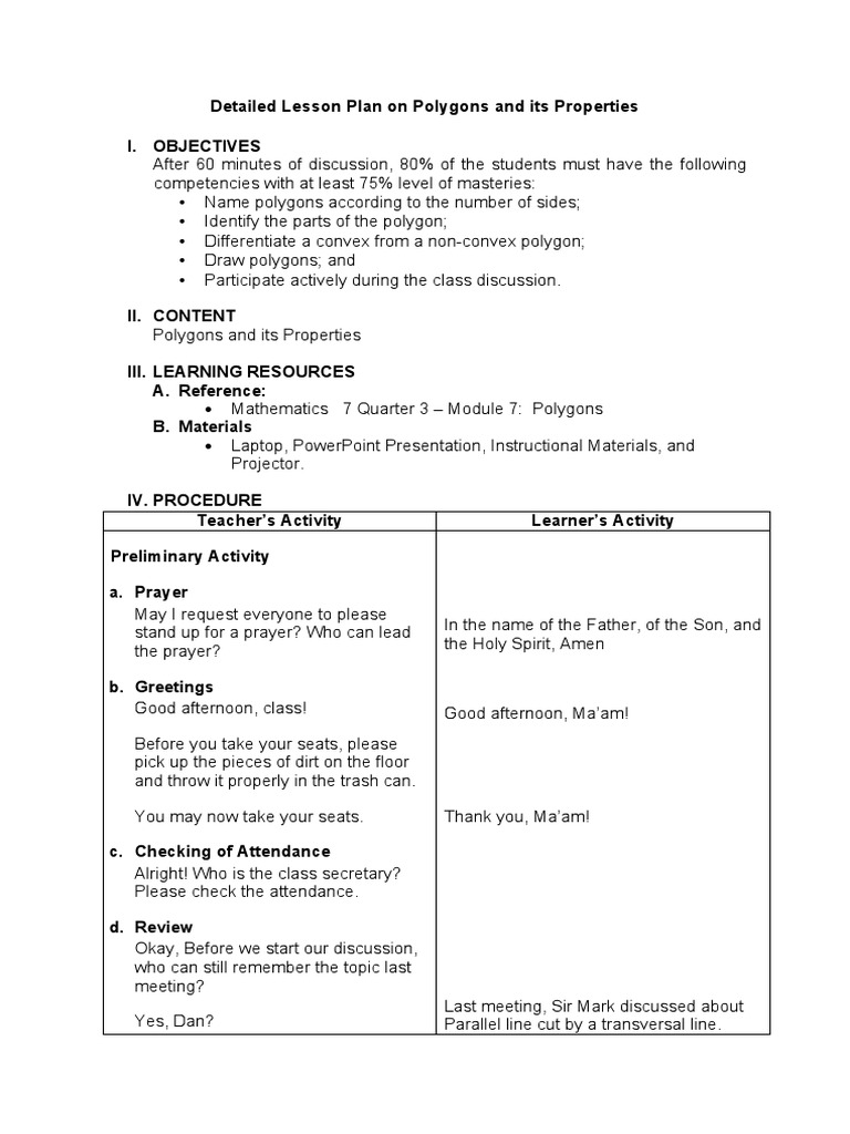 Detailed Lesson Plan On Polygons and Its Properties123 - 1 | PDF ...