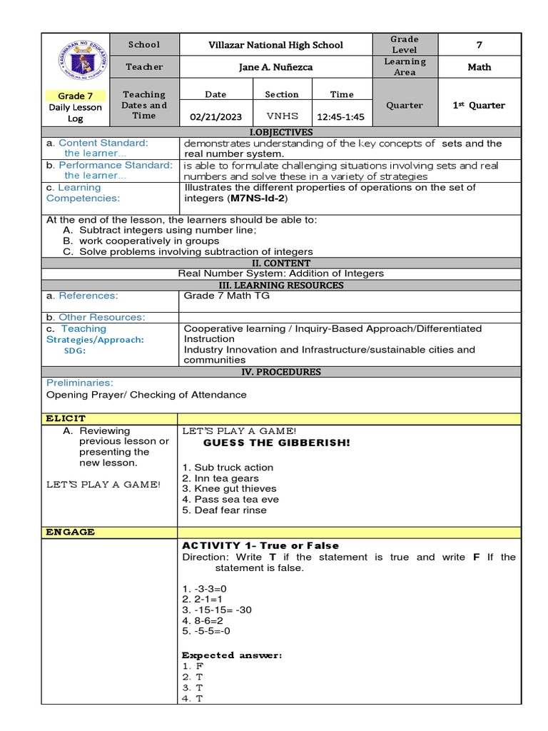 Sub. of Integers | PDF | Subtraction | Behavior Modification