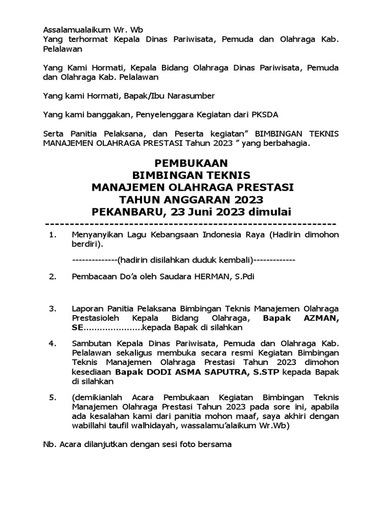 Tertib Acara Pembukaan Bimtek Guru or | PDF | Olahraga & Rekreasi ...