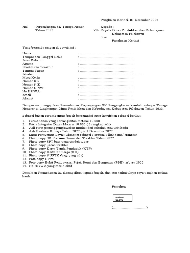 Contoh Permohonan Perpanjangan SK 2023 | PDF