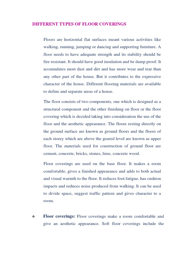 Types of Floor Coverings Explained | PDF | Flooring | Carpet