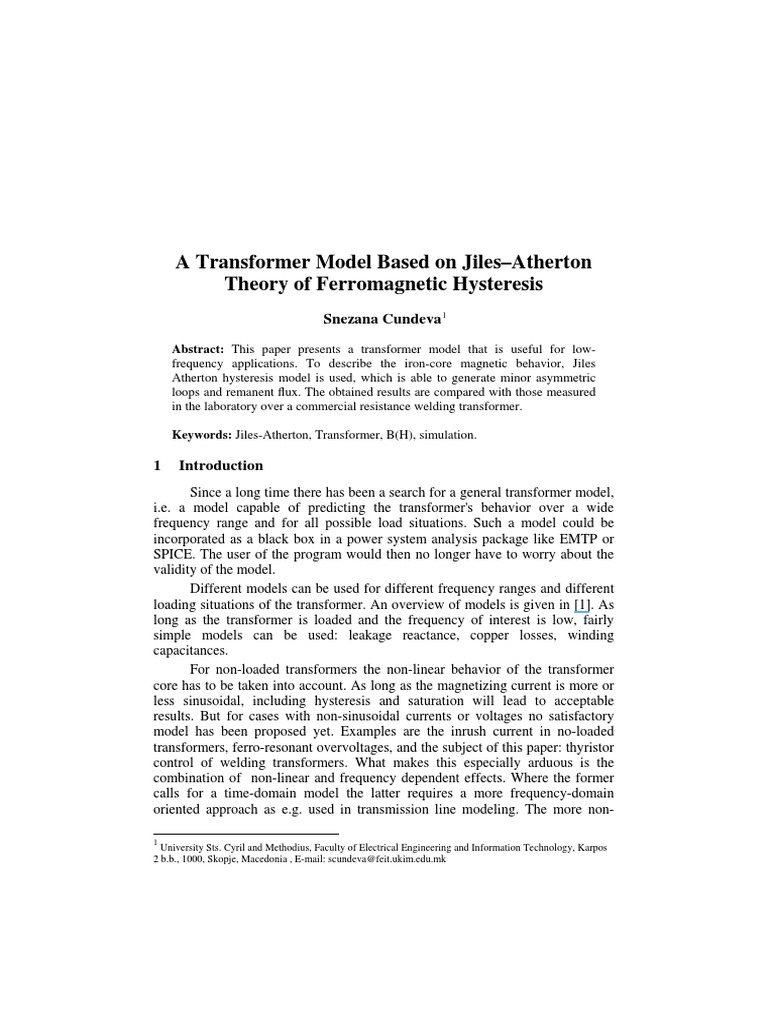 A Transformer Model Based On The Jiles A | PDF | Transformer | Hysteresis