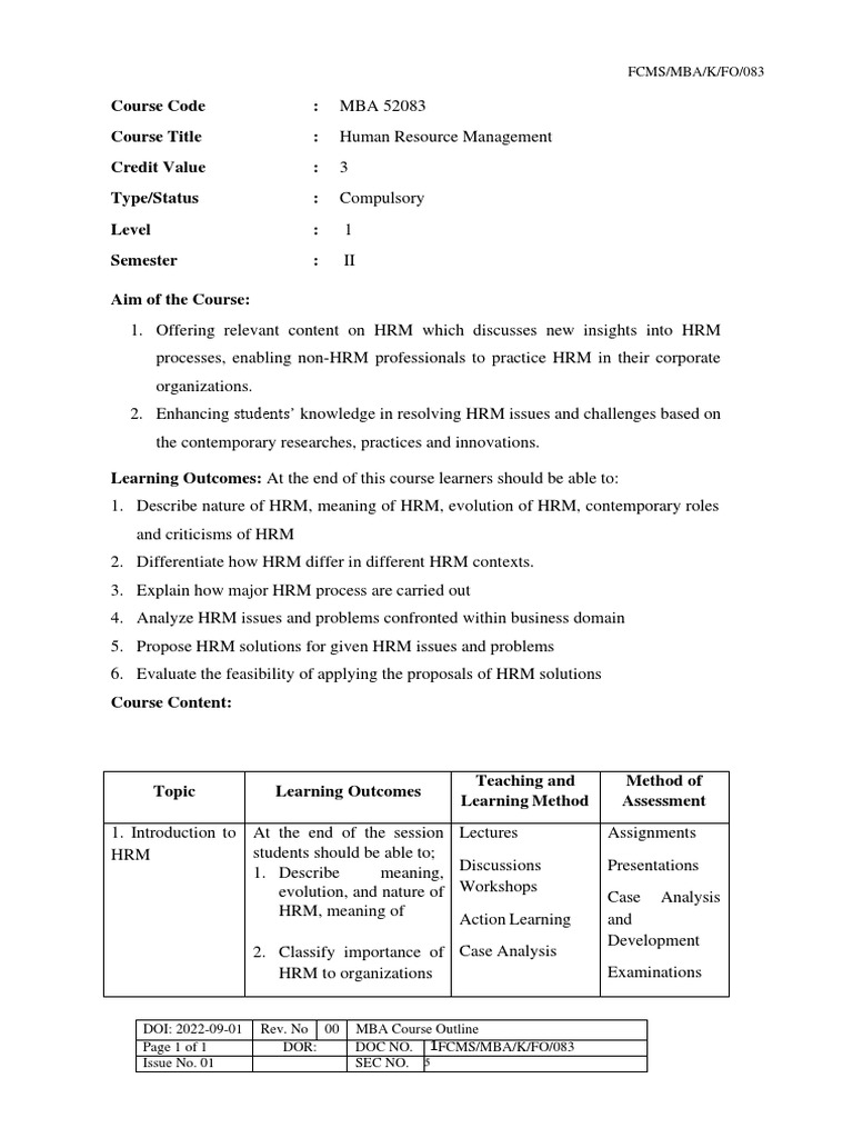 Human Resource Management (MBA 52083) - Course Outline | Download Free PDF | Human Resource ...