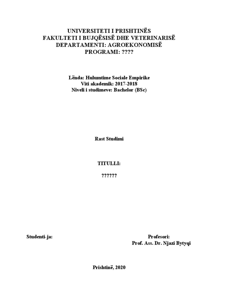 Universiteti I Prishtinës Fakulteti I Bujqësisë Dhe Veterinarisë Departamenti: Agroekonomisë ...