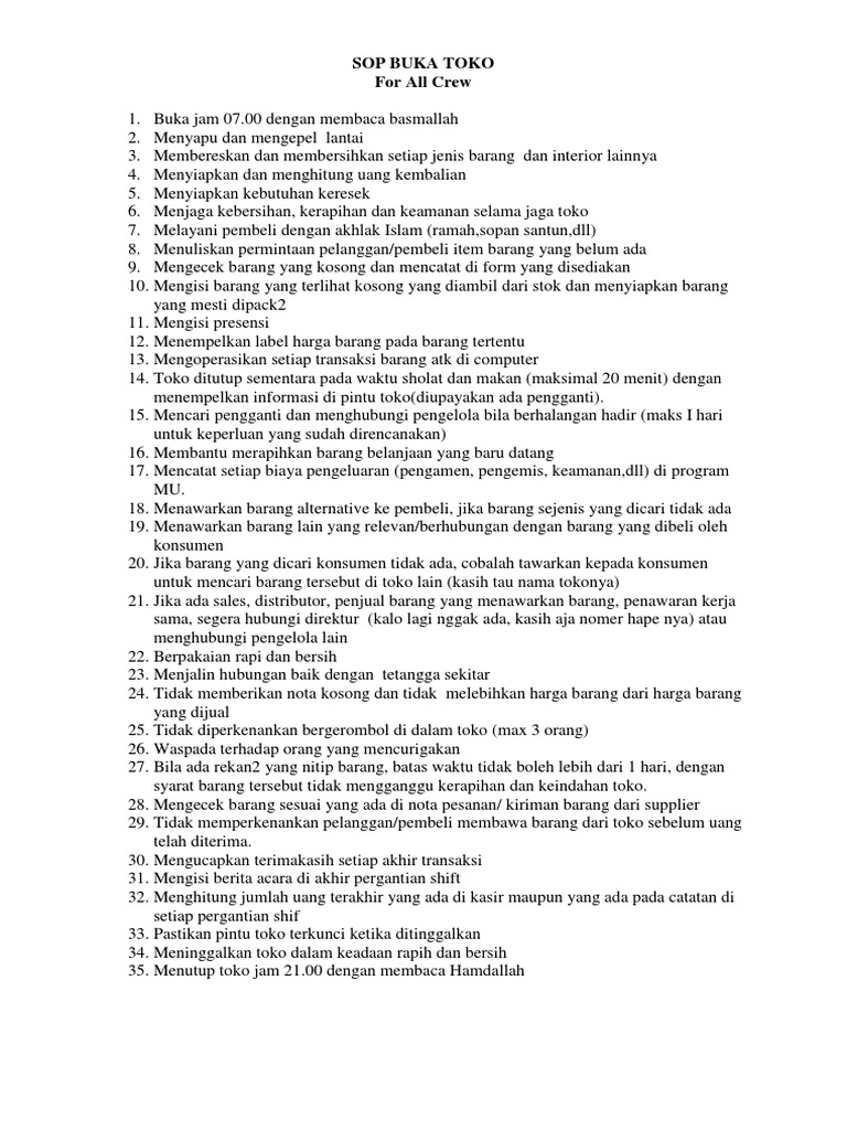 Sop Buka Toko | PDF
