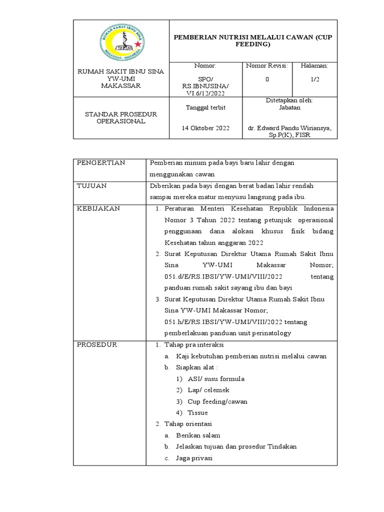 Sop 12 Pemberian Nutrisi Melalui Cup Feeding (Cawan) | PDF