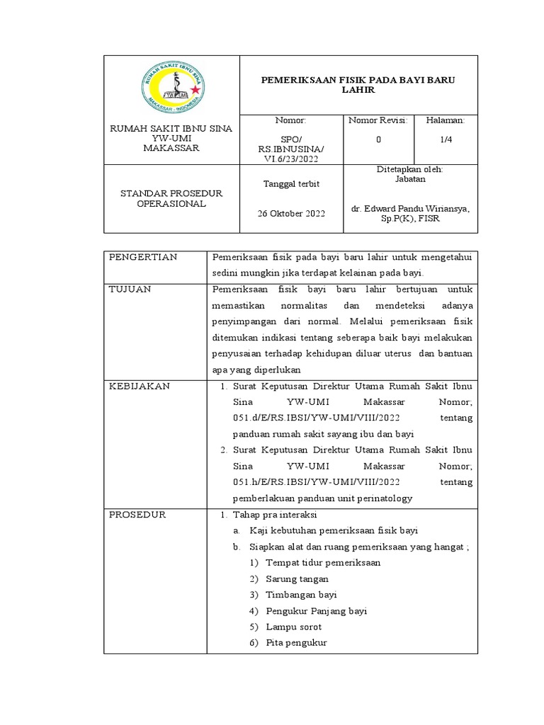 Sop 23 Pemeriksaan Fisik Pada Bayi Baru Lahir | PDF Sop 23 Pemeriksaan Fisik Pada Bayi Baru Lahir | PDF