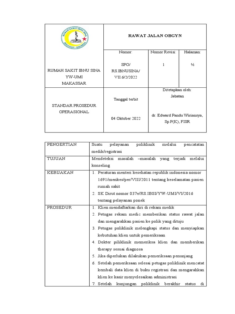 Sop 2 Rawat Jalan Obgyn | PDF