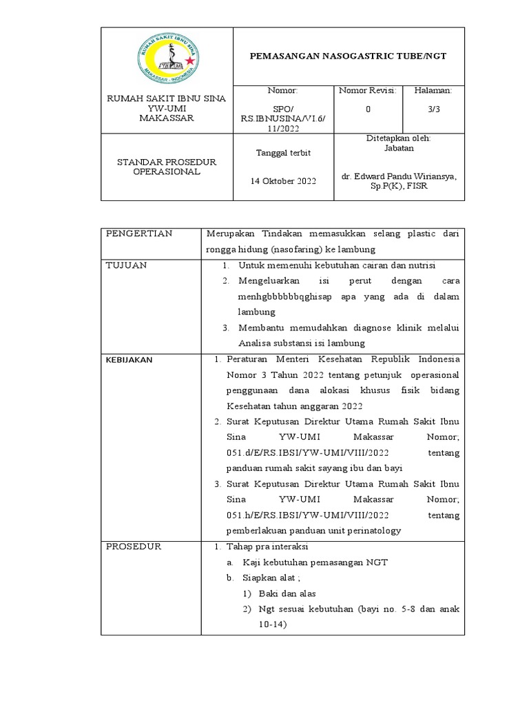 Sop 11 Pemasangan NGT | PDF