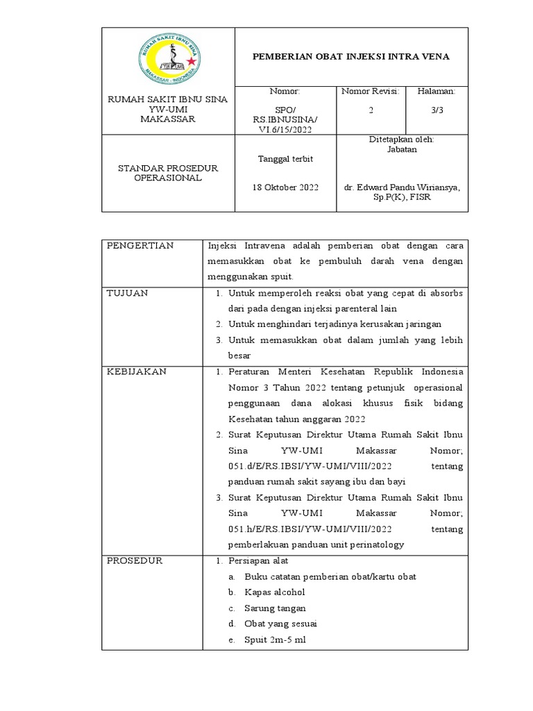 Prosedur Injeksi Intravena RS Ibnu Sina | PDF