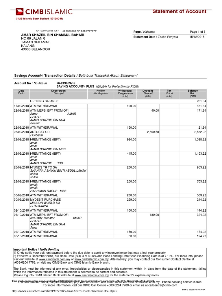 Amar Shazril Bank Statement Dec 18 PDF | PDF | Banks | Debit Card