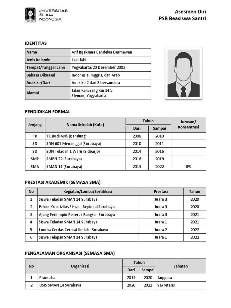 Contoh Isian - Asesmen Diri PSB Beasiswa Santri | PDF | Karier & Perkembangan