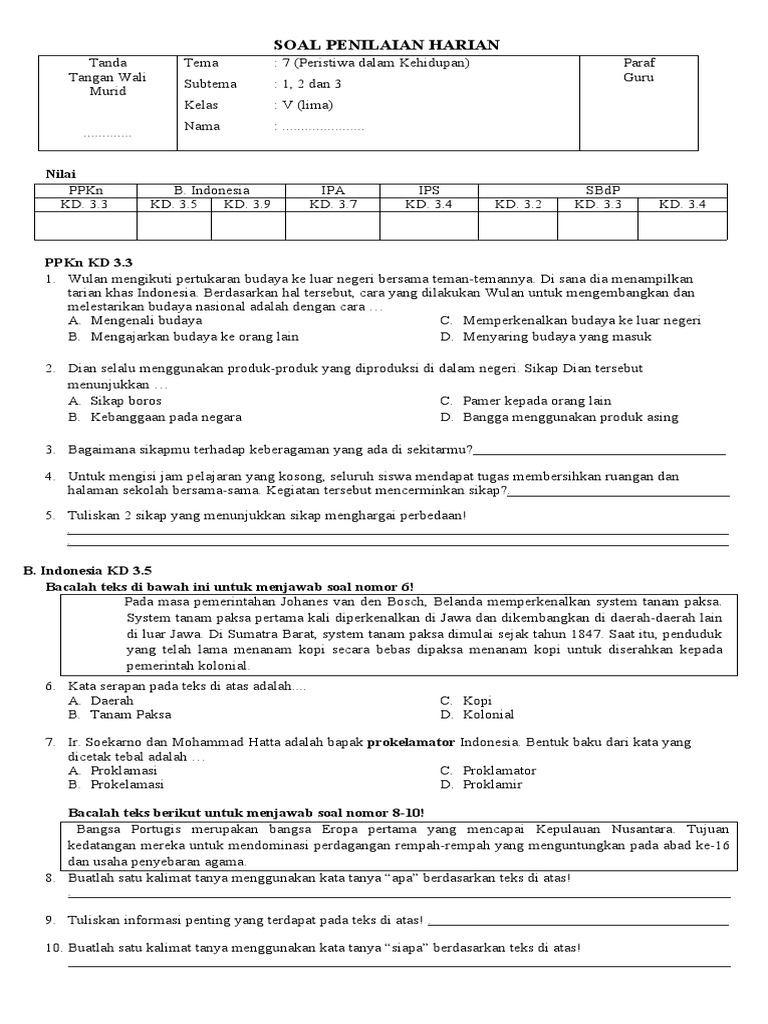 Soal Penilaian Harian Kelas 5 Tema 7 | PDF