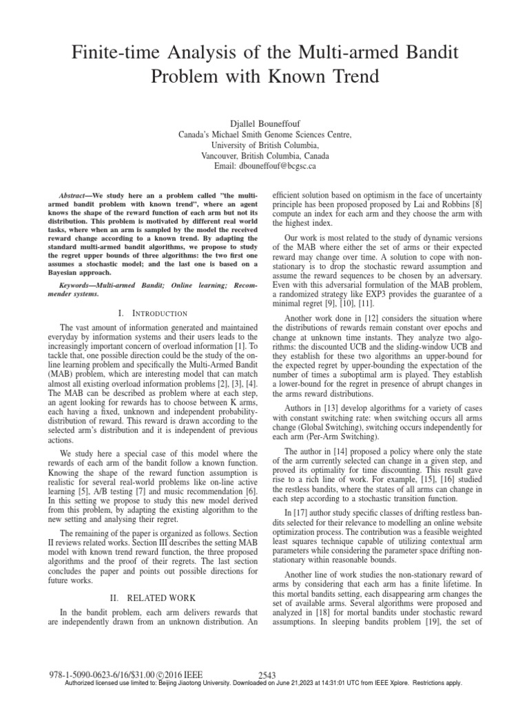 Finite-Time Analysis of The Multi-Armed Bandit Problem With Known Trend ... Finite-Time Analysis of The Multi-Armed Bandit Problem With Known Trend ...