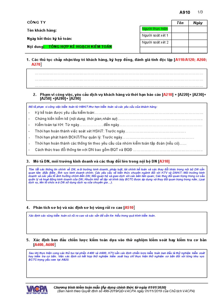 A910 - Tong Hop Ke Hoach Kiem Toan | PDF