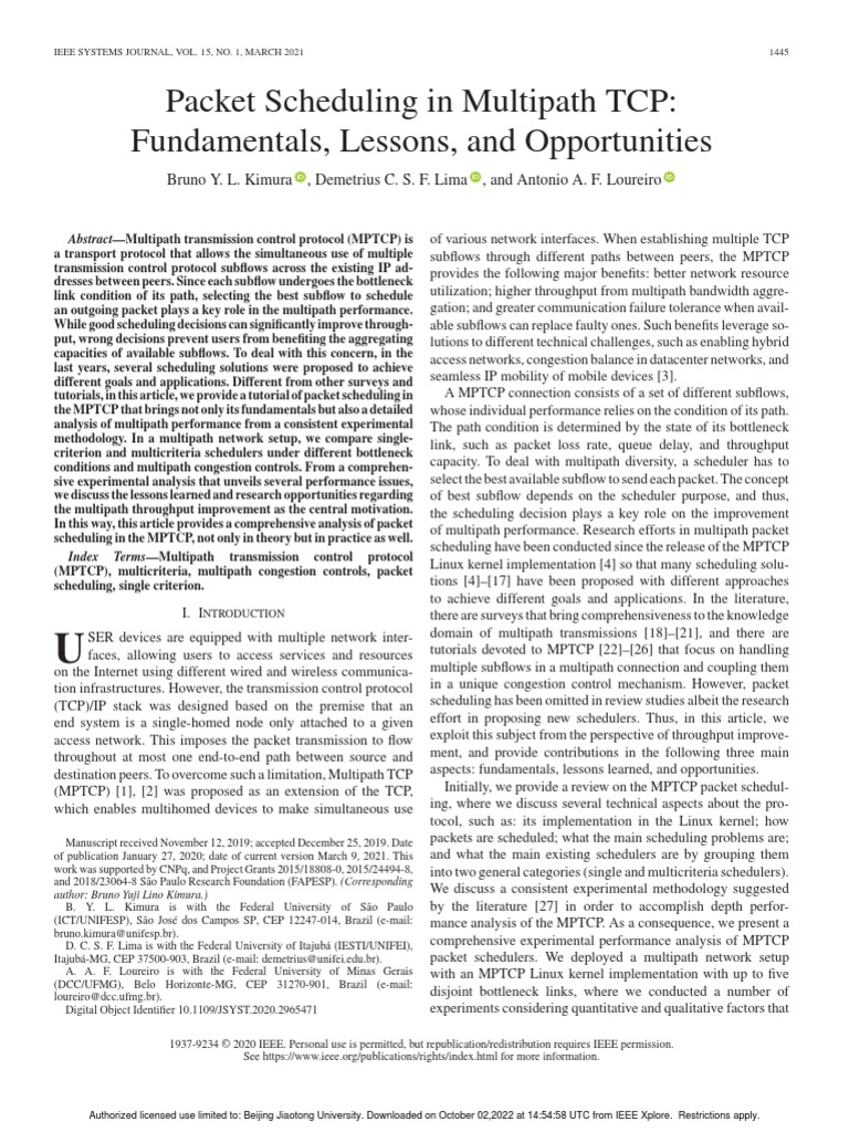 Packet Scheduling in Multipath TCP Fundamentals Lessons and Opportunities | PDF | Transmission ...