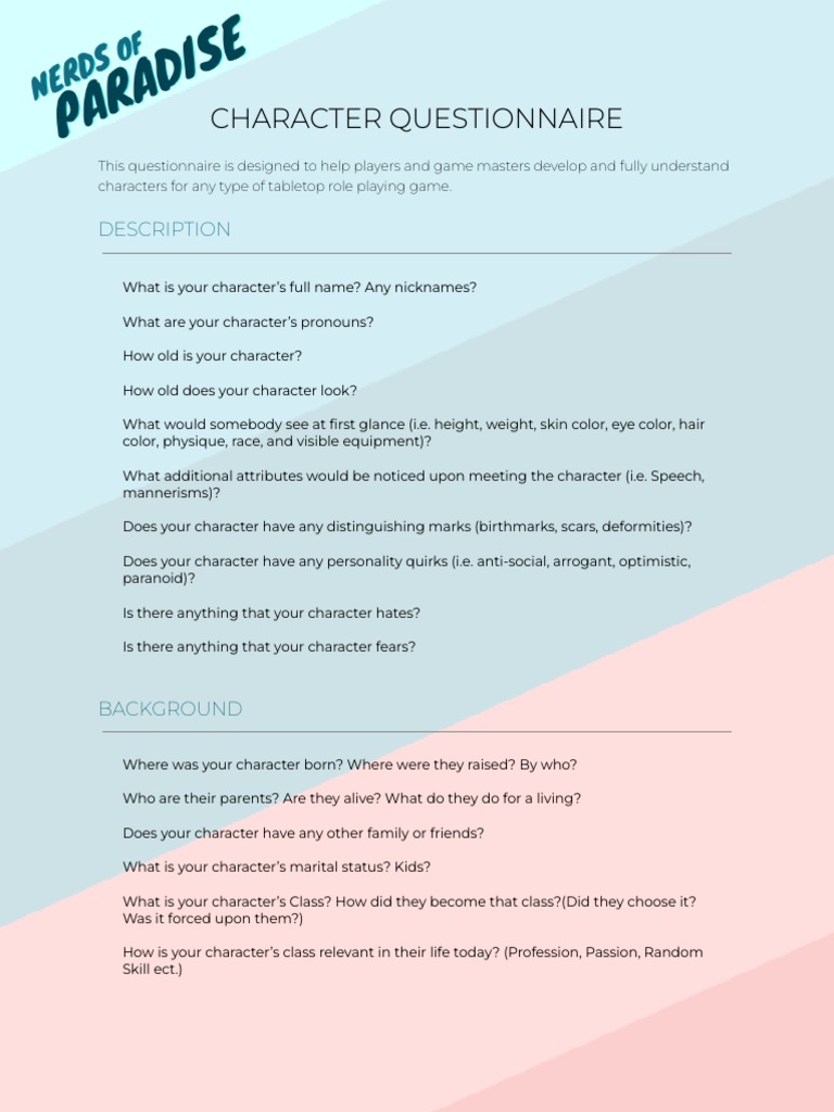 TTRPG Character Questionnaire - NoP | PDF | Psychological Concepts ...