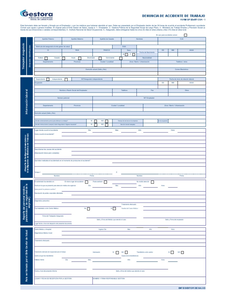 GESTORA-Denuncia de Accidente de Trabajo (Formulario) | PDF | Hospital ...