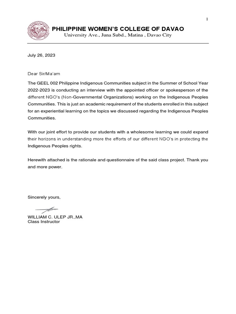 Letter, Rationale and Questionnaire | PDF | Non Governmental ...