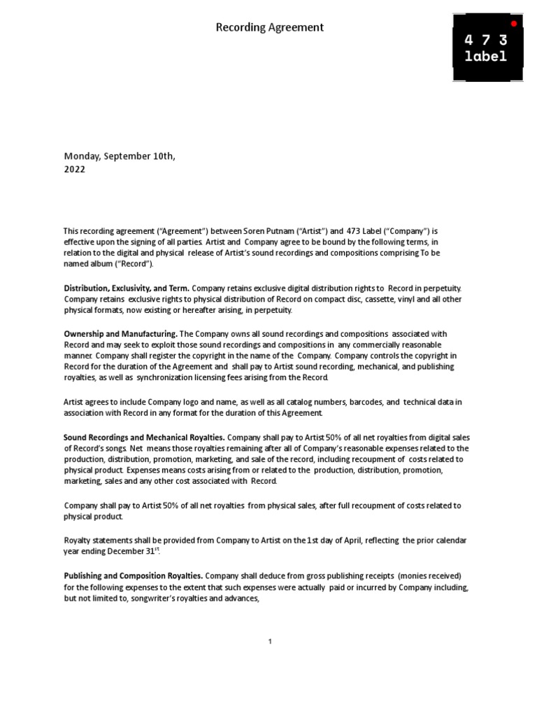 Other+Record+Labels+ +Recording+Agreement+Template | PDF | Royalty ...