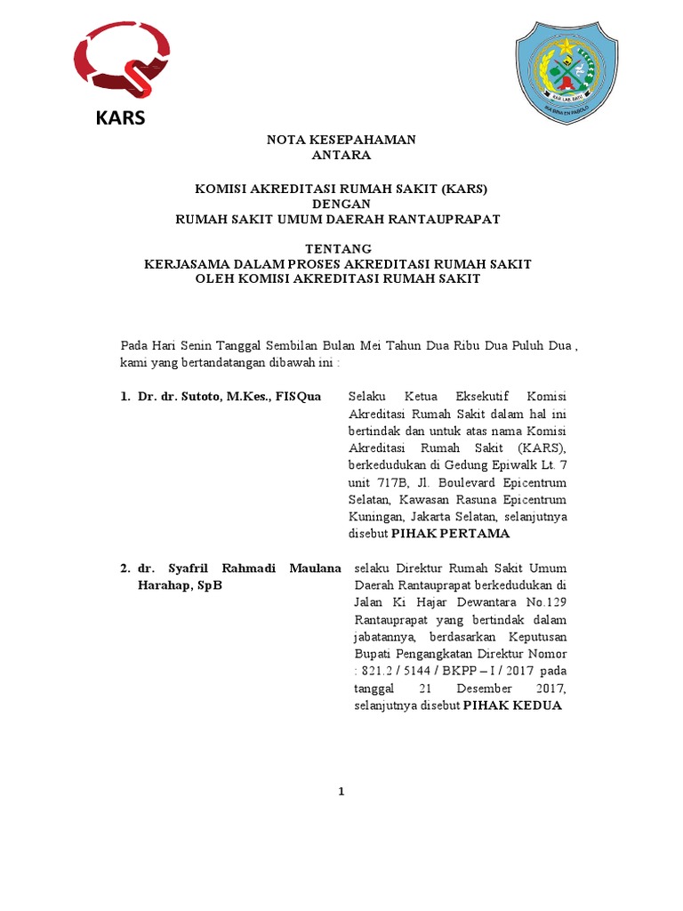 Nota Kesepahaman RS Mitra KARS | PDF