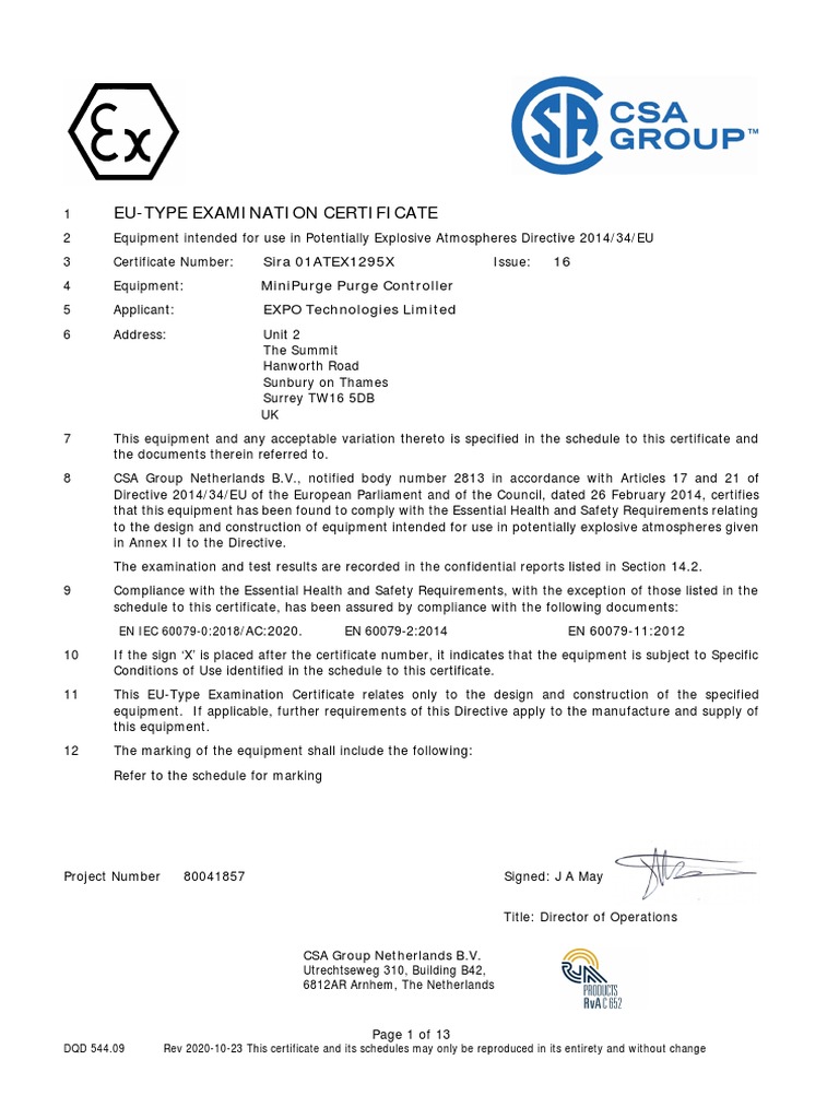 MiniPurge Purge Controller ATEX Certificate | PDF | Valve | Electrical ...