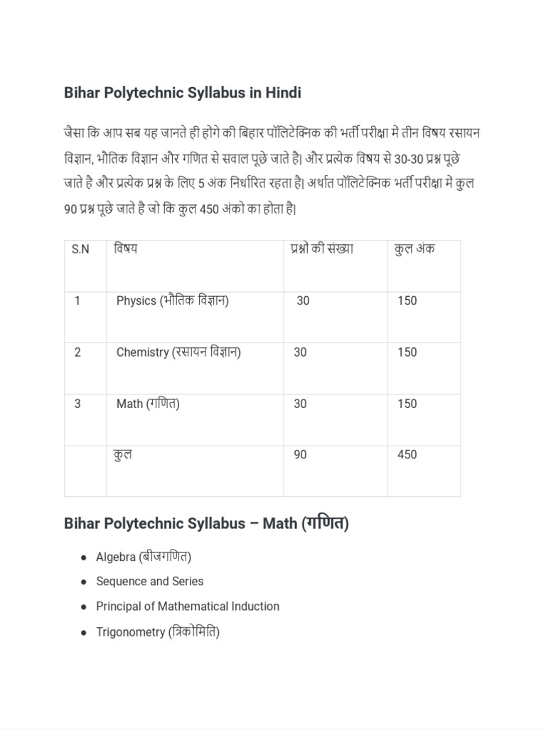 Bihar Polytechnic Syllabus in Hindi | PDF