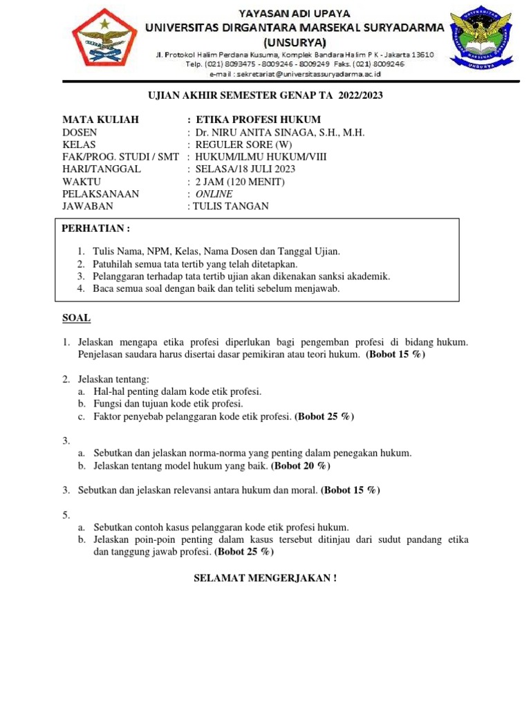 Soal Uas Etika Profesi Hukum Genap 2022-2023 Reguler Sore (W) | PDF | Karier & Perkembangan ...