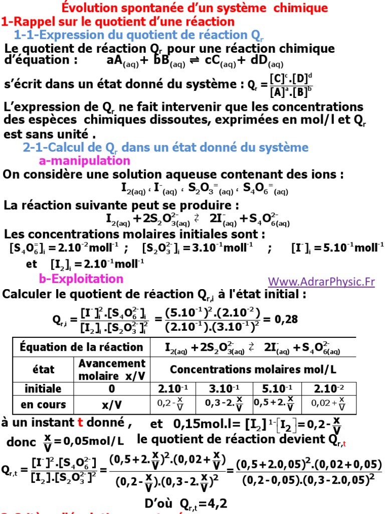 Calcul et Critères d'Évolution Spontanée des Réactions Chimiques | PDF | Équilibre chimique ...