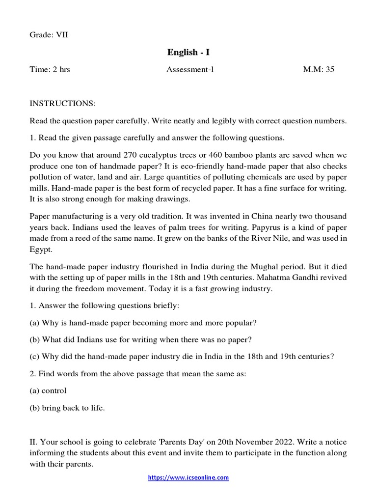 Icse Class 7 Assessment 1 English 1 210922 2022 | PDF | Paper | Papermaking