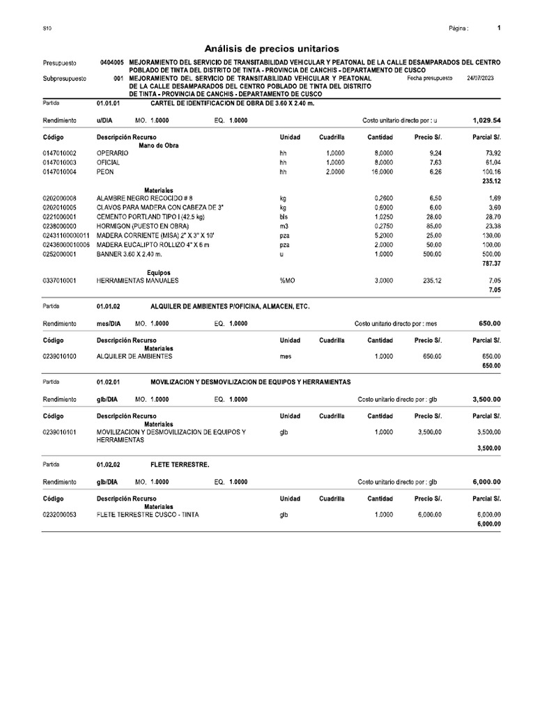 Analisis de Precios Unitarios Apu | PDF