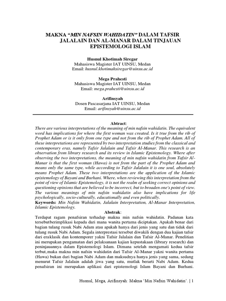 Makna Min Nafsin Wahidatin Dalam Tafsir Al-Manar Dan Jalalain Dalam Tinjauan Epistemologi Islam ...