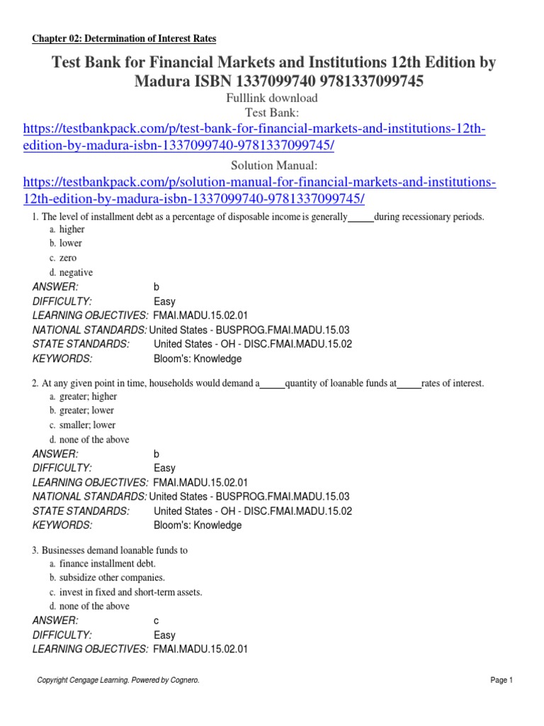 Financial Markets and Institutions 12th Edition by Madura ISBN Test ...