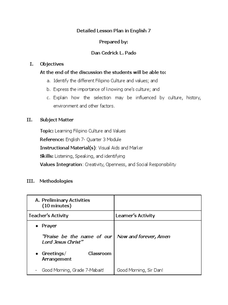 Detailed Lesson Plan in English 7-Pado | PDF | Lesson Plan | Classroom