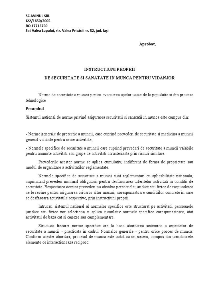 Aprobat,: SC Avinul SRL J22/1650/2005 RO 17713750 Sat Valea Lupului ...