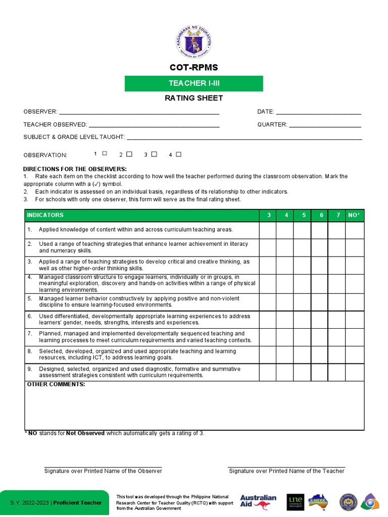 Appendix C 02 COT RPMS Rating Sheet For T I III For SY 2022 2023 | PDF ...