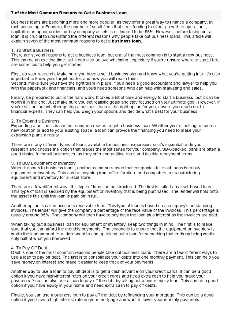 Common Reasons for Business Loans | PDF | Loans | Debt