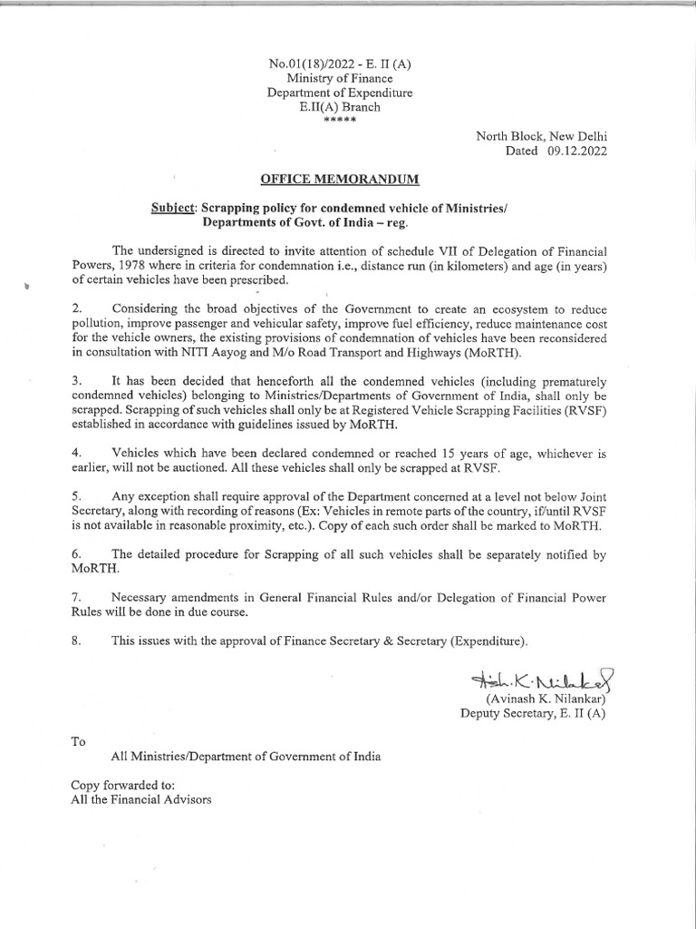 Scrapping Policy For Condemned Vehicle Of Ministries Departments Of