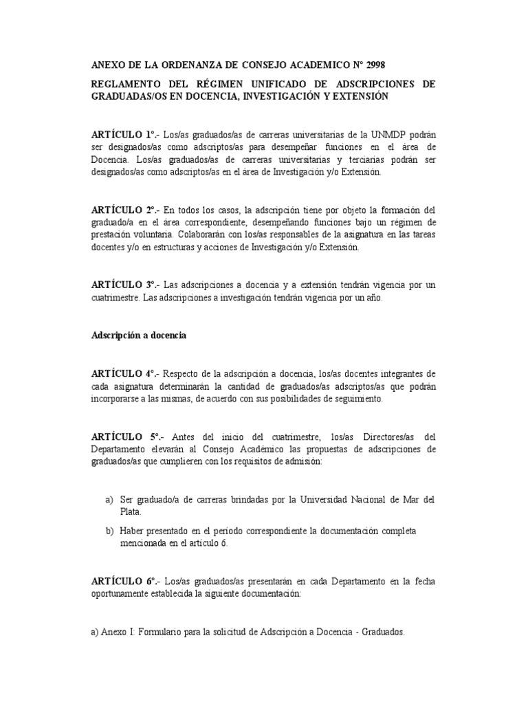 Reglamento y Formularios de Adscripcion Graduadxs - UNMDP 2023 | PDF | Maestros | Modificación ...