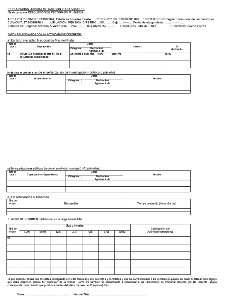 Modelo Planilla Declaracion Jurada | PDF Modelo Planilla Declaracion Jurada | PDF