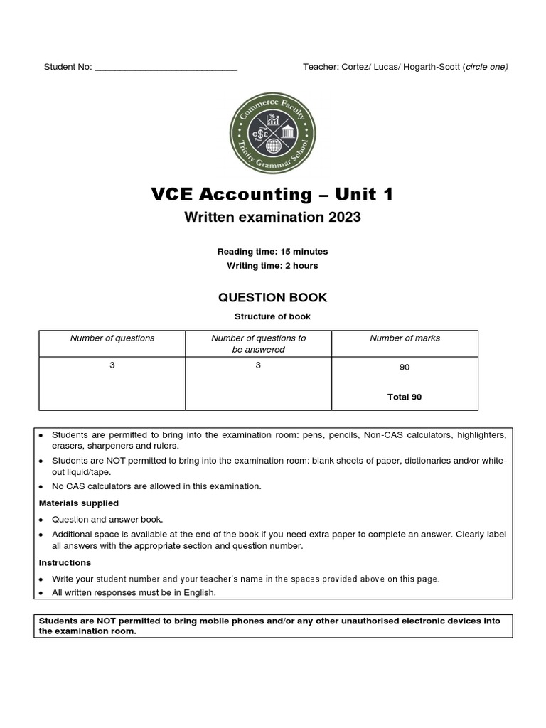 2023 Unit 1 Accounting Exam Question Booklet - Final | PDF | Value ...
