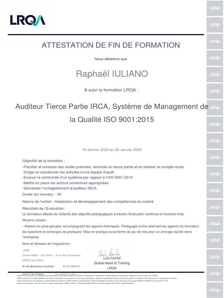 Certificat de formation ISO 9001:2015 | PDF | Business