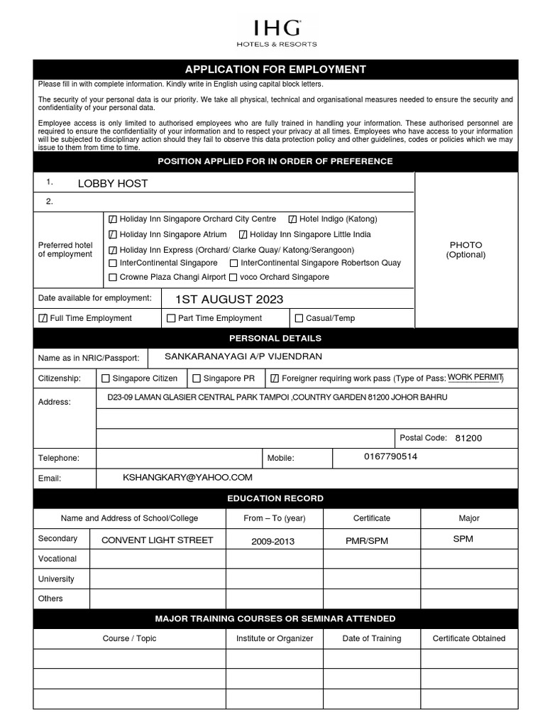 Holiday Inn Job Application Form | PDF | Singapore | World Politics
