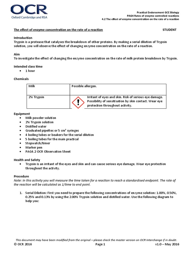 PAG4.2 Student The Effect of Enzyme Conc | PDF | Trypsin | Enzyme