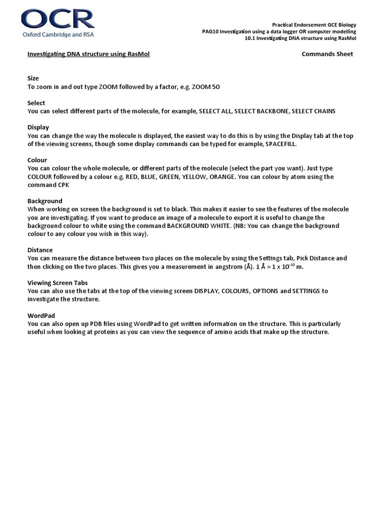 PAG10.1 DNA RasMol Commands Sheet - v1.0 | PDF